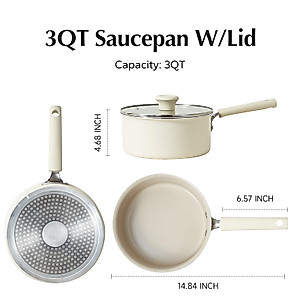 Redchef Ceramic Nonstick Saucepan with Lid, 3QT Small Cooking Pot, Non Toxic Sauce Pans for Kitchen, Cool Handle PFAS Free Compatible with All Cooktops, White