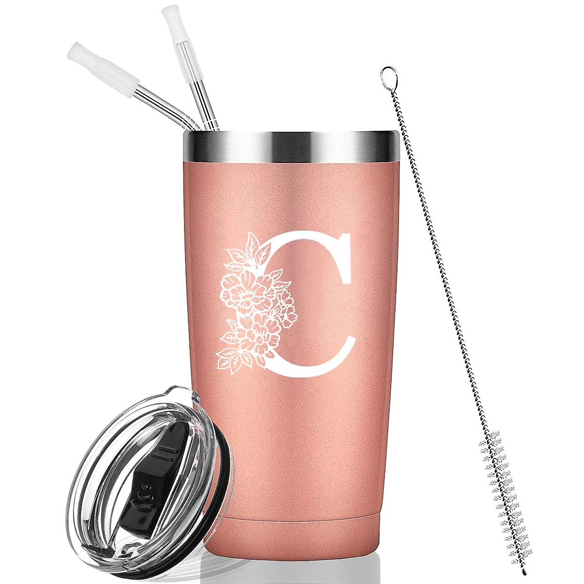 Leraverppy Personalized 20oz with Initial Stainless Steel Coffee，Leak Proof Rose Gold Tumbler with Lid And Straw Double Wall Thermal Cups for Hot and Cold Drinks Monogrammed Gifts for Women（C20-C）