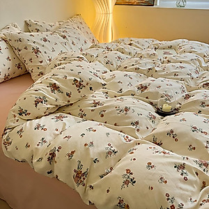 HOLY HOME Floral Bedding Set, Duvet Cover Set, 4 Pieces Spring Rose Flower Bedclothes with Pillowcases, Zipper Closure/Corner Ties (Rose Island, Queen)