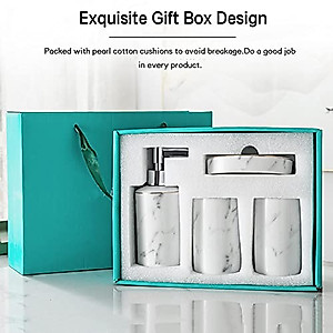 RUNLAIKEJI White Bathroom Accessories Set 4 Pcs,Home Bathroom Counter Set, Marbling Ceramic Bathroom Accessories with Soap Dispenser, Soap Dish, 2 Mouthwash Cups Box Packaging