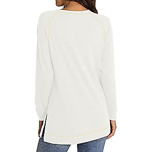 NILOUFO Womens Long Sleeve T Shirts Casual Blouses Trendy Tops Side Split Tunics(White, Large)