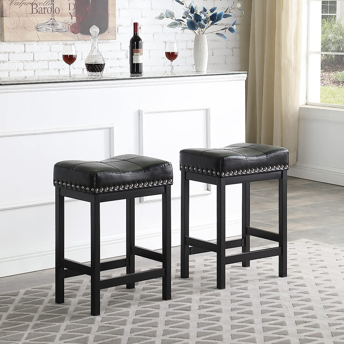 OUllUO Black Bar Stools Set of 2, Counter Height Bar Stools, Saddle Barstools, Pu Leather Stools with Metal Frame for Kitchen Island, 918P-BK