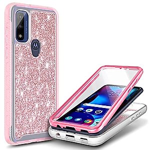 NZND Case for Motorola Moto G Pure, Moto G Play 2023/G Power 2022 with [Built-in Screen Protector], Full-Body Protective Shockproof Rugged Bumper Cover Durable Phone Case (Glitter Rose Gold)