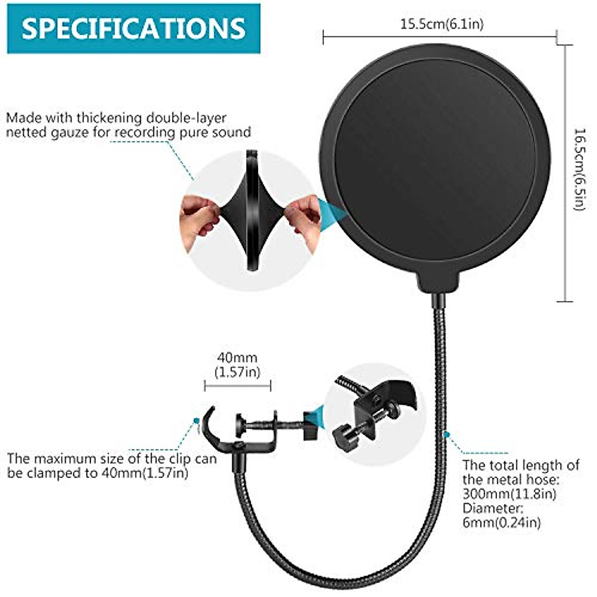 Neewer Professional Microphone Pop Filter Shield Compatible with Blue Yeti and Any Other Microphone, Dual Layered Wind Pop Screen With A Flexible 360 Degree Gooseneck Clip Stabilizing Arm