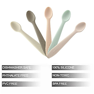 PandaEar 5 Pack Silicone Baby Spoons Self Feeding 4 6 Months, Baby Food Feeding Spoons Utensils, Gentle for Baby Led Weaning, Safe for Teething, Infant Spoons First Stage, BPA-Free, Easy to Clean