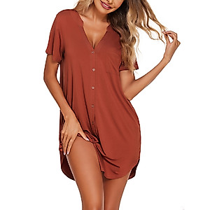 Ekouaer Short Sleeve Nightgown Button Sleep Dress for Women Sleepwear with Split Hem Wedding Pajama Party Dress Brick Red
