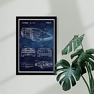Wynwood Studio Sports Cars and Automobiles Man Cave Framed Wall Art Painting Photography Print 'Ferrari F40 1990 Blue Chalkboard' Home Décor for Men in Blue and White, 19x13
