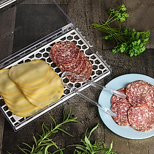 GlossyEnd Deli Meat and Cheese Storage Container with Tong, Bacon Storage Container with Perforated Tray for Freshness, Clear Durable Plastic - Dishwasher and Freezer Safe - Size: 11” x 6.5” x 2”