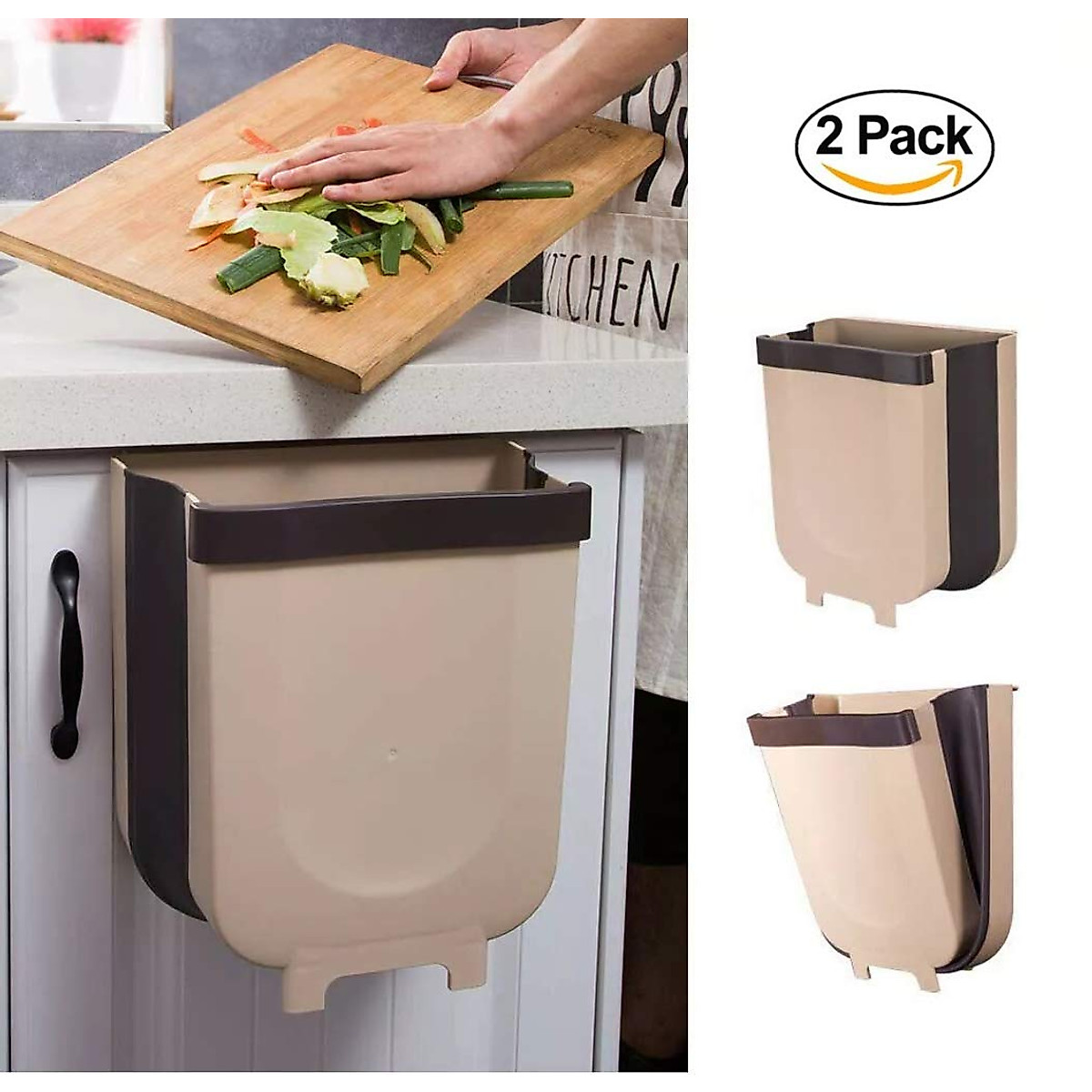 VidiGi -2 Pack Brown Hanging Trash Can | Small Waste Basket Garbage Bin 2.4 Gallon | Collapsible Mini Garbage Bin Bedroom Bathroom | Wall Mounted Folding Waste Bin Kitchen Cabinet Door Hanging