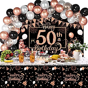 Rose Gold Black Happy 50th Birthday Extra Large Background Banner with 50pcs Metallic Shiny Latex Balloons for 50th Birthday Party Backdrop Decoration Supplies