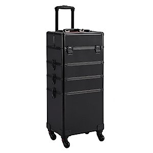 Yaheetech 4 in 1 Professional Makeup Train Case Aluminum Cosmetic Case Rolling Makeup Case Extra Large Trolley Makeup Travel Organizer, with 360° Swivel Wheels, Black