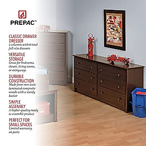 Prepac Fremont Bedroom Furniture: Espresso Double Dresser for Bedroom, 6-Drawer Wide Chest of Drawers, Traditional Bedroom Dresser, EDC-6330-V, 59"W x 17.5"D x 29"H