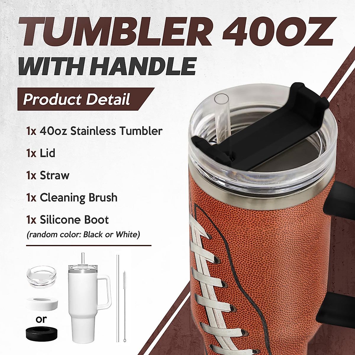SANDJEST Football Tumbler with Handle 40oz with Lid & Straw, Football Gifts for Men Boys Player Coach Sports Lover, Football Tumblers Coffee Stainless Steel Insulated Cup Gifts for Christmas Birthday