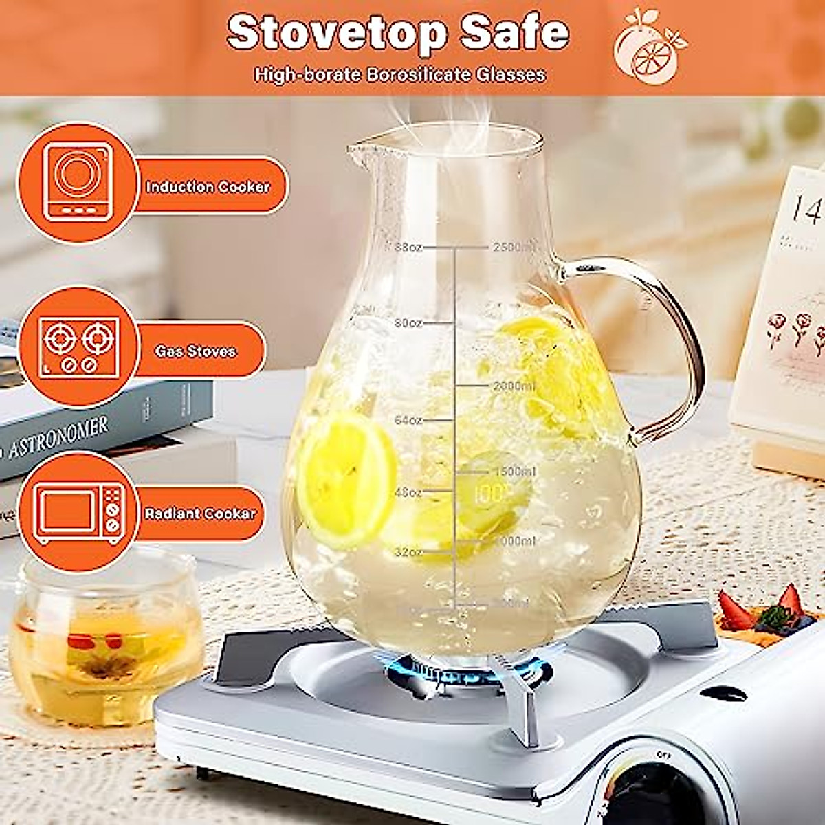 Glass Pitcher with Lid, 88 oz/2500ml Glass Water Pitcher with Precise Scale Line, Hot/Cold Water Jug, Iced Tea, Juice, Milk, Coffee, Lemonade Beverage Carafe with Lid