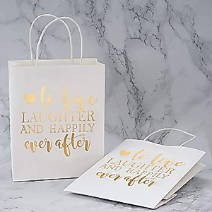 LaRibbons Medium Size Gift Bags - Gold Foil to Love Laughter and Happily Ever After White Paper Bags with Handles for Wedding, Birthday, Baby Shower, Party Favors - 12 Pack - 8" x 4" x 10"