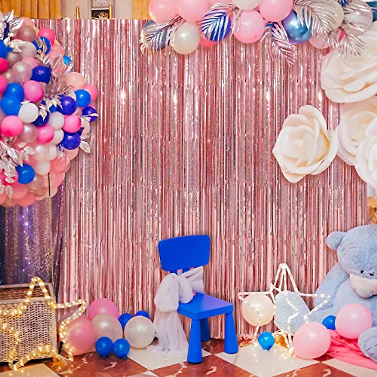 Crosize 3 Pack 3.3 x 9.9 ft Rose Gold Foil Fringe Backdrop Curtain, Streamer Backdrop Curtains, Birthday Party Decoration, Rose Gold Tinsel Curtain for Parties, Galentines Decor, Baby Shower