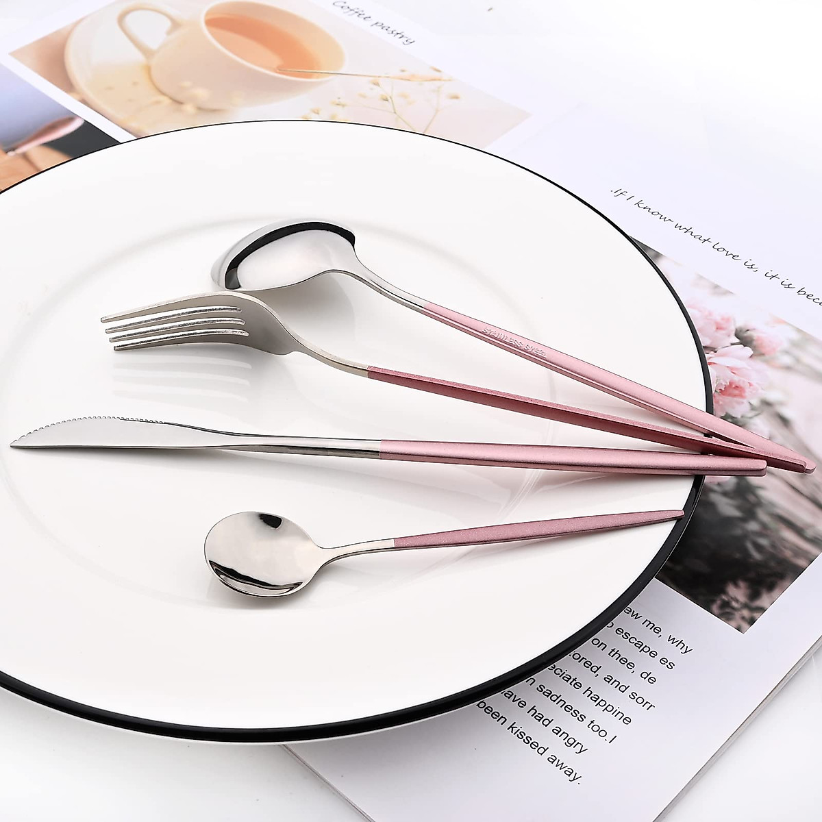 Snplowum Mirror Cutlery Serving Set, 24-piece 18/0 Stainless Steel Silverware With Pink Handle Simple & Modern Tableware For Home Party Restaurant Christmas Dinner, Service For 6 (Pink Silver)