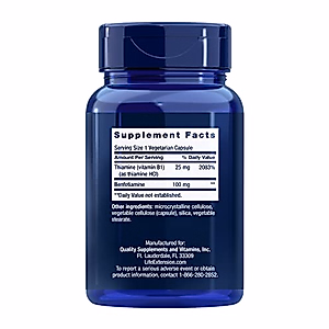 Life Extension Benfotiamine with Thiamine, 100 mg - Water & Fat Soluble Vitamin B1 Supplement For Glucose Blood Sugar Level and Nerve Health Support - Gluten-Free, Non-GMO, Vegetarian - 120 Capsules