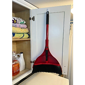 Premium Curved Wide Broom with Wide Dustpan and Rubber Seal, 50” Steel Pole Red Broom and Dustpan, Ideal for Indoor and Outdoor Cleaning, Kitchen, and Garage