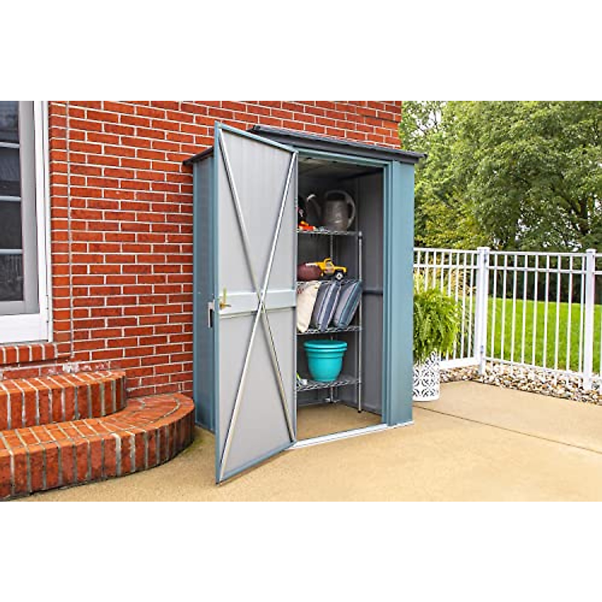 Spacemaker 4' x 3' Compact Outdoor Metal Backyard, Patio, and Garden Storage Shed Kit, Juniper Berry