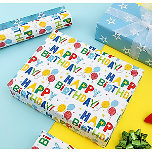 CAMKUZON Reversible Birthday Wrapping Paper Roll for Boys Girls Kids Men Women - Colorful Happy Birthday Lettering Balloon and Stars - Gift Wrap Paper for Birthday Party Holiday, 17.7 Inch X 33 Feet