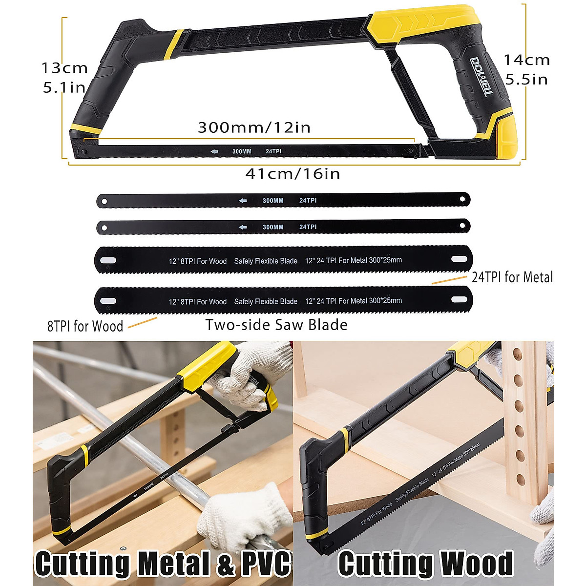 DOWELL Hacksaw Frame Set Heavy Duty Handsaw 12-inch 10-inch 6-inch Mini Hacksaw Hand Saw 8 Extra Blades Multi-function for Metal Wood PVC Pipes