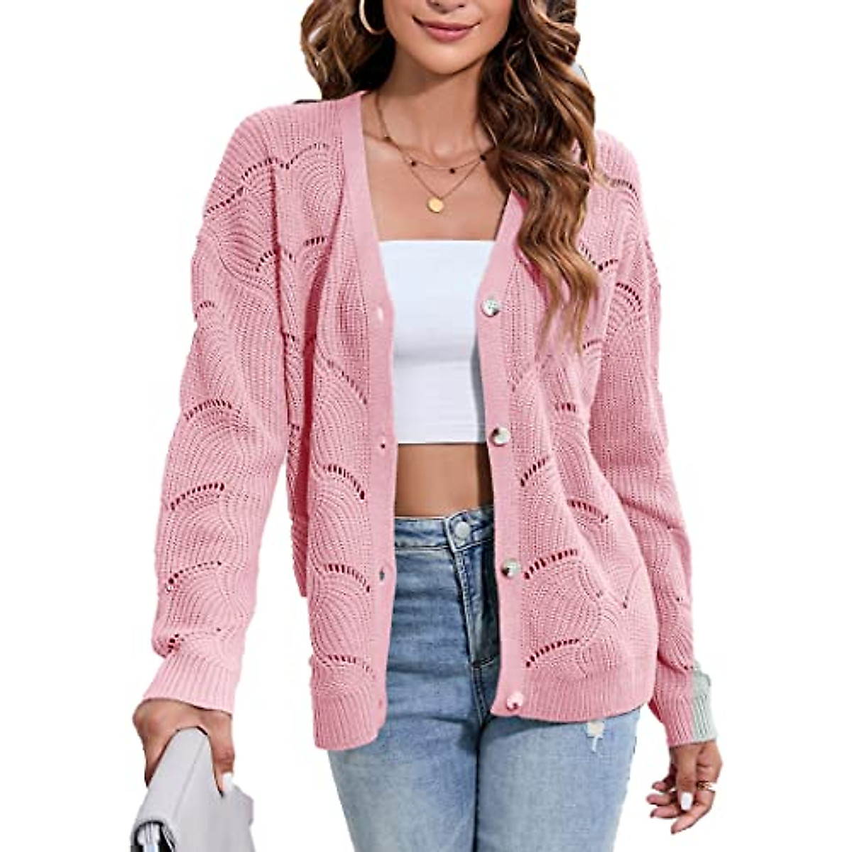 KOJOOIN Women's Crochet Cardigan Lightweight Kimono Long Sleeve Hollow Out Kint Outwear Sweater Barbie Pink M