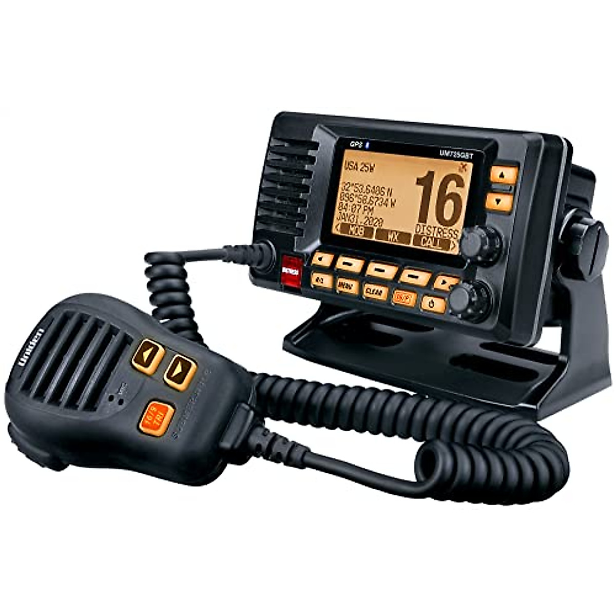 Uniden UM725GBTBK Marine VHF Radio, All USA, Canada, and Intl. Marine Channels, 1Watt/25Watt Transmit Power, Largest LCD Screen in Class, NOAA Weather Channels, Speaker Mic, Built-in GPS & Bluetooth.
