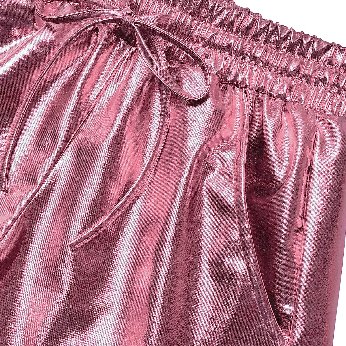 Perfashion Women's Pink Metallic Shorts Summer Shiny Yoga Elastic Waist Pants Matching with Glasses