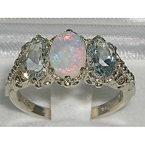 LetsBuyGold 925 Sterling Silver Real Genuine Opal and Aquamarine Womens Anniversary Ring - Size 8