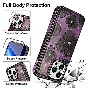 HianDier Wallet Case for iPhone 13 Pro MAX Case with Bracelet+ Screen Protector+ Camera Cover, with Credit Card Slot Holder Flip Folio Soft PU Leather Magnetic Closure Cover, Camellia Purple