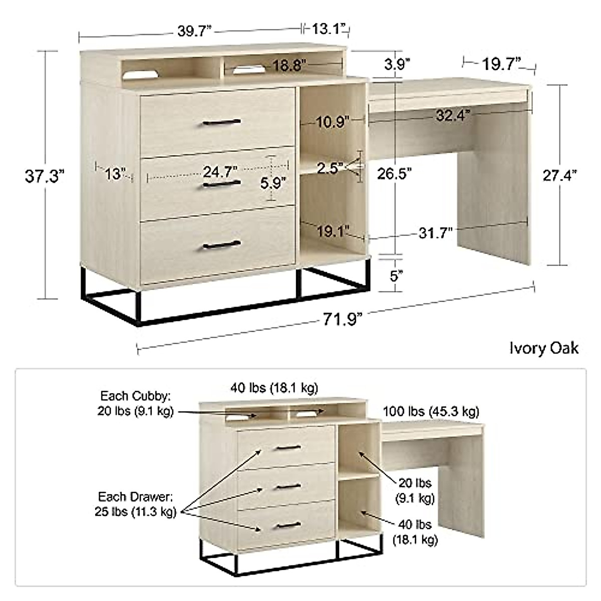 Novogratz Kelly 3 in 1 Media Dresser and Desk Combo, Ivory Oak