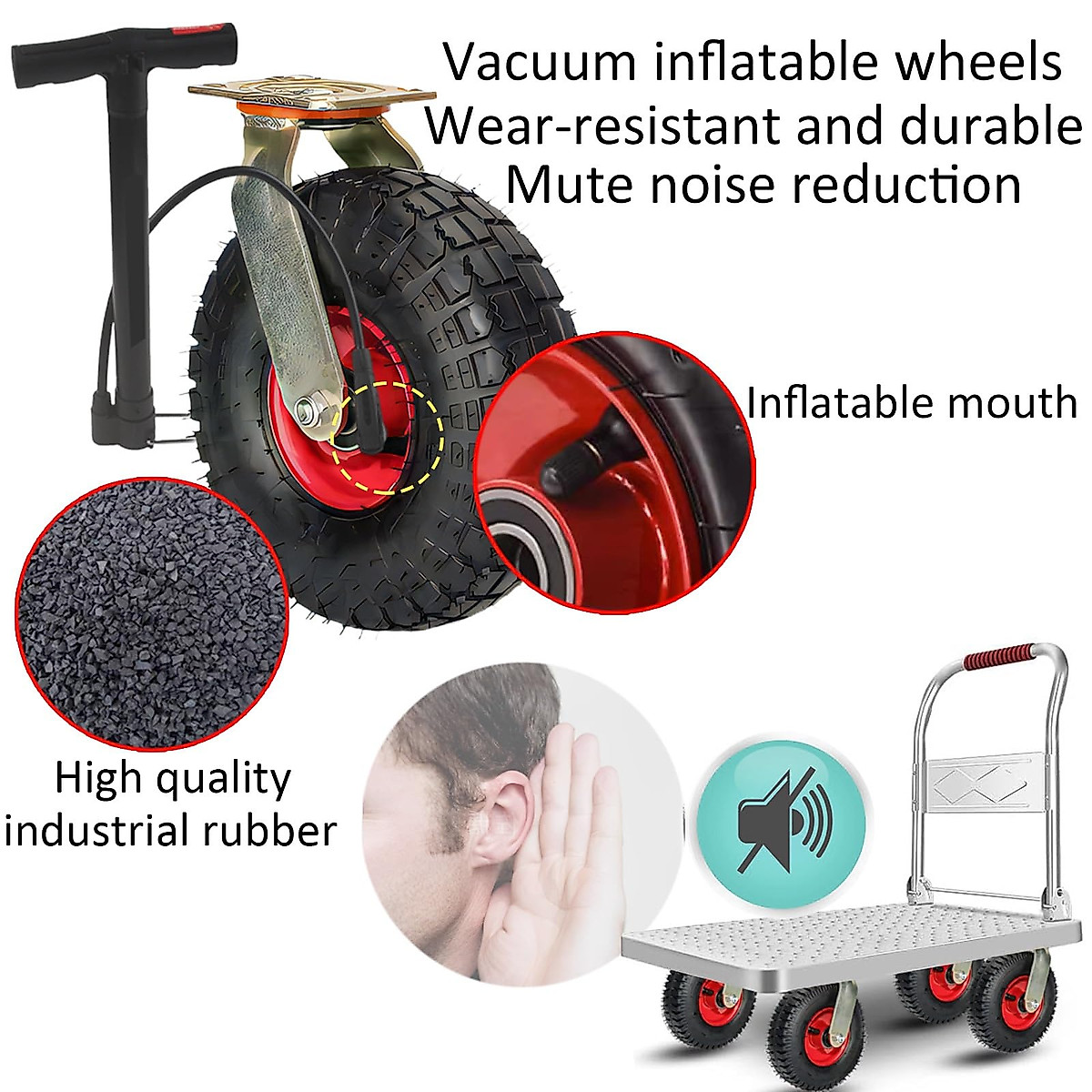 8/10-Inch Heavy Duty Fixed Caster, No Noise Swivel Castors with Brakes, 4pcs Shock Absorption Pneumatic Caster Wheel for Hand Truck/Trolley/Garden Utility Wagon Cart