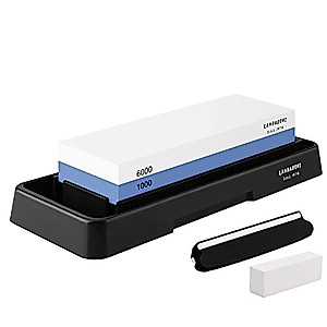 Knife Sharpening Stone Set,Whetstone Dual Sided 1000/6000 Grit Waterstone with Angle Guide Non Slip Rubber Base Holder, Knife Sharpeners Tool Kit for Kitchen Hunting (Blue + black)