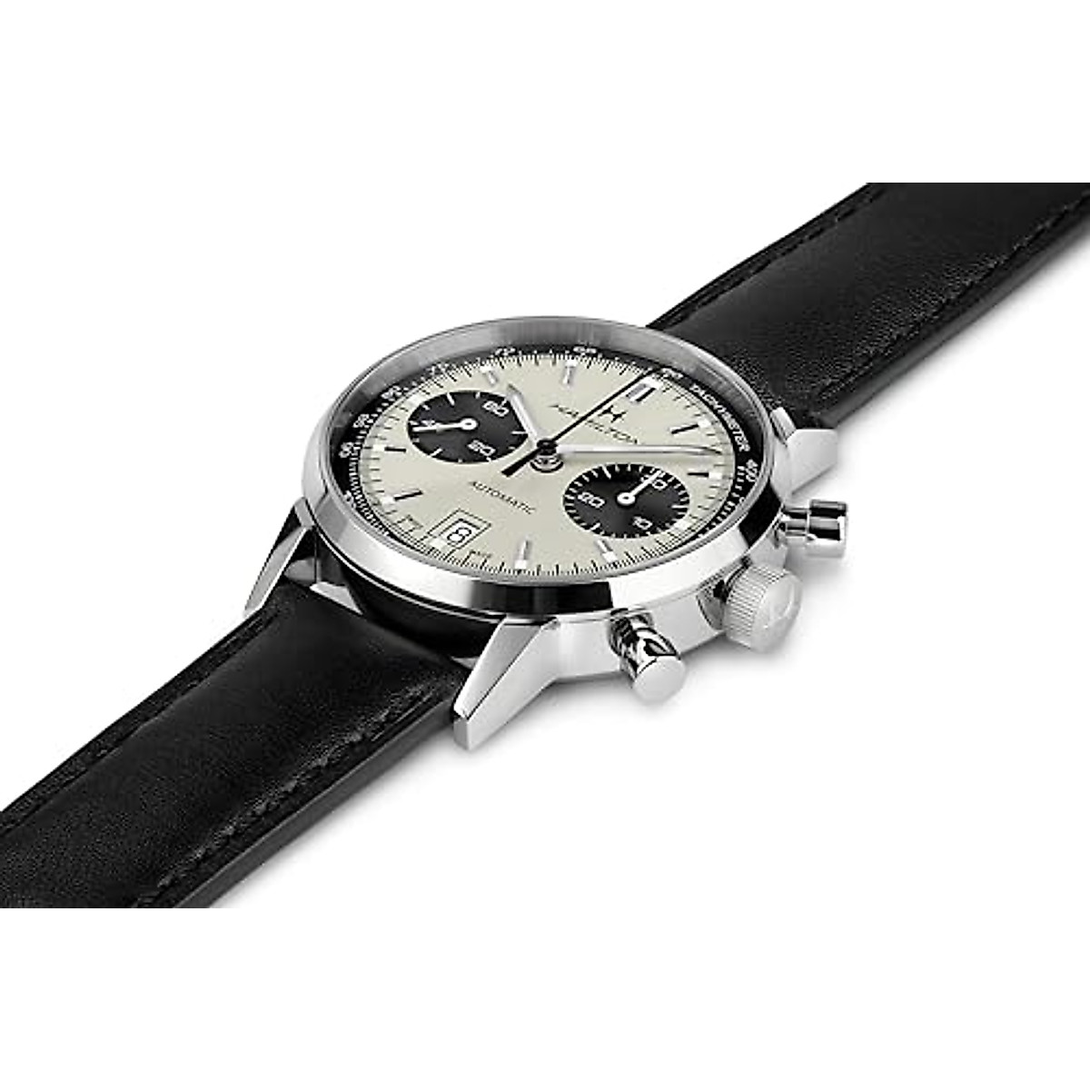 Hamilton Watch American Classic Intra-Matic Auto Chrono | Swiss Made | 40mm Stainless Steel Case | White Dial Analog Watch | Black Leather Strap (Model: H38416711)