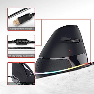 Havit Ergonomic Vertical Mouse RGB Backlit Wired Computer Mice 6 Adjustable DPI(800-1600-2400-3200-4800-6400) 6 Buttons for Laptop PC Desktop, Notebook