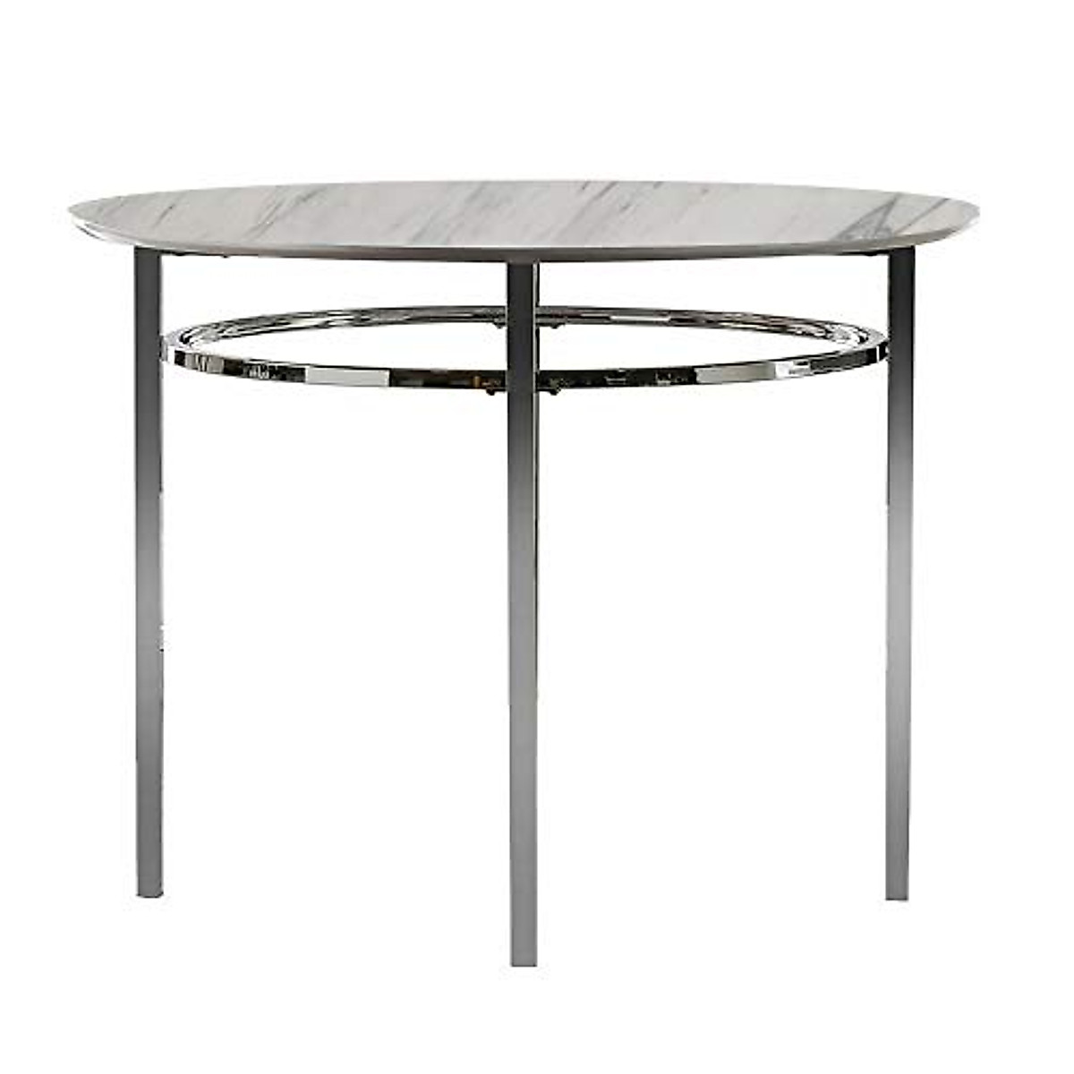 Benjara Contemporary Round Dining Table with Faux Marble Top, White and Chrome