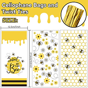 Whaline 150Pcs Bee Party Cello Bags 3 Design Honey Bee Cellophane Bags with Gold Twist Tie Cute Plastic Party Candy Goodie Treat Bags for Birthday Baby Shower Party Favor Supplies
