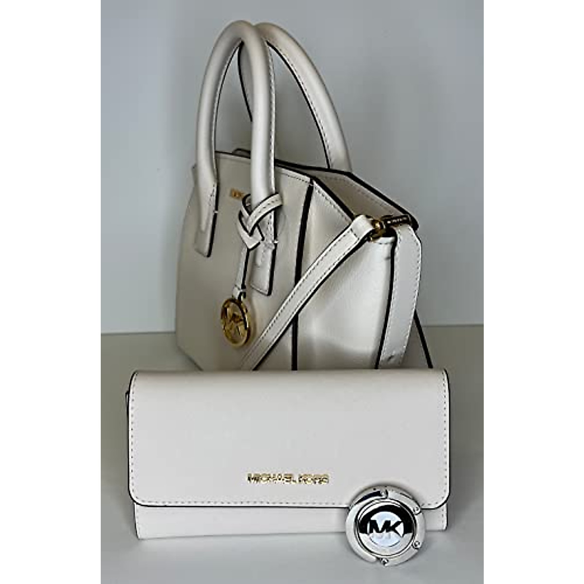 Michael Kors MICHAEL Michael Kors Avril Small Logo Top-Zip Satchel bundled with Trifold Wallet Purse Hook (Lt Cream)