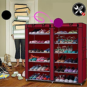 9 Tier Shoe Rack, Space Saving Portable Shoe Rack Storage Organizer, 10 Tiers 9 Lattices Non-Woven Waterproof Fabric Cover Shoe Rack (Wine Red, 6-Row 2-Line 12 Lattices)