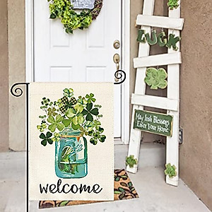 AVOIN colorlife Welcome Watercolor Lucky Clover St Patricks Day Garden Flag Double Sided, Shamrock Jar Yard Outdoor Flag 12x18 Inch