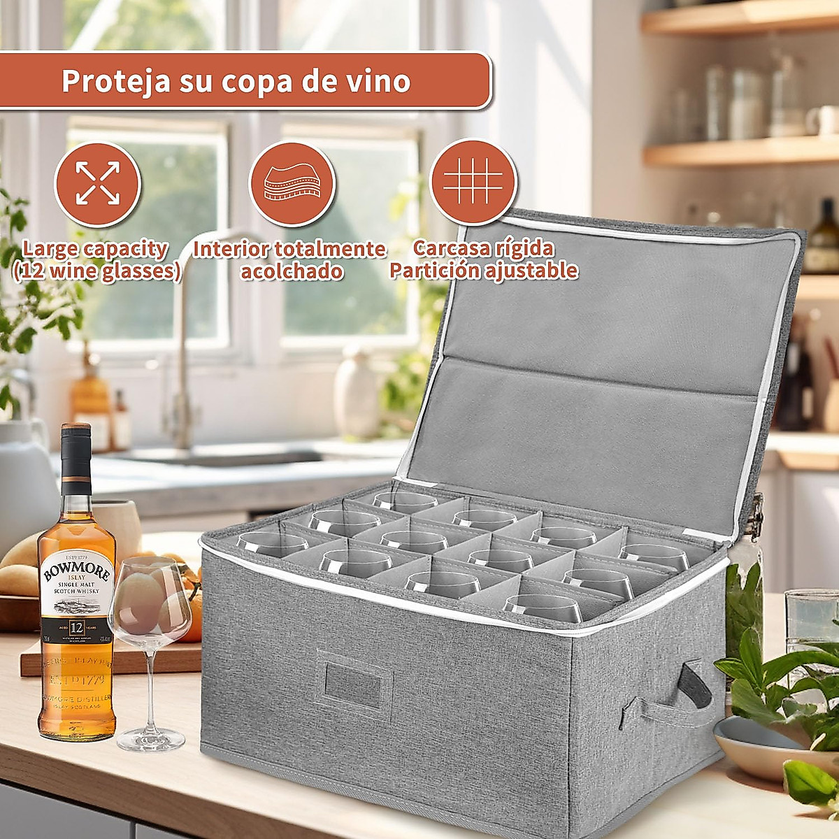 BOHEMIABY Wine Glass Storage Box with Dividers, Glassware Storage Containers-Holds 12 Red or White Wine glasses, Champagne Flutes, Crystal, Hard Shell and Stackable, Label Window