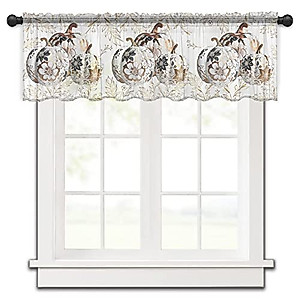 Chiffon Window Valance Kitchen Curtains Fall Thanksgiving Pumpkin Gold Foil,Rod Pocket Tier Curtain Light Filter Panel,Farm Floral Golden Leaf White Windows Valances Drapes for Bedroom 54x18In