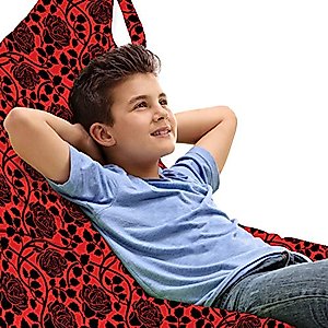 Lunarable Floral Lounger Chair Bag, Romantic Rose Bouquets with Swirling Branches Romantic Love Themed, High Capacity Storage with Handle Container, Lounger Size, Charcoal Grey and Vermilion