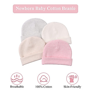 Zsedrut Spring Infant Hospital Beanie Newborn Baby Girls Cotton Turban Hat Tolddler Boy Soft Double-Layer Hat(Preemie/Newborn,White+Pink+Gray+Beige)