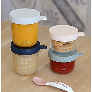 BEABA Glass Baby Food Container with Lid Set of 4, Glass Food Storage Containers with Airtight Lid, Baby Food Glass Jars, Baby Essentials, Freezer Microwave Safe, 5 and 8 oz Jars, (Eucalyptus)