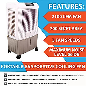 Hessaire MC26A Portable Evaporative Cooler, Humidifier, 2100 Cubic FPM, Cools 700 Sq. Ft., 2.5 GPH, White. For Garages, Shops, Patios, Pools, Workshops, Includes Remote Control for Ease of Operation