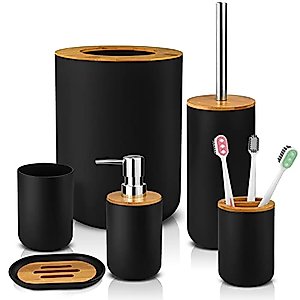 Hommtina Bamboo Bathroom Accessory Set, 6 Pcs bathroom essential Includes Toothbrush Cup, Toothbrush Holder, Soap Dispenser, Soap Dish, Toilet Brush with Holder, Trash Can, with 3 Toothbrushes (Black)