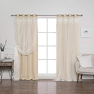 Best Home Fashion Lace Overlay Thermal Insulated Solid Blackout Curtains - Stainless Steel Nickel Grommet Top - Beige - 52" W x 84" L - (Set of 2 Panels)