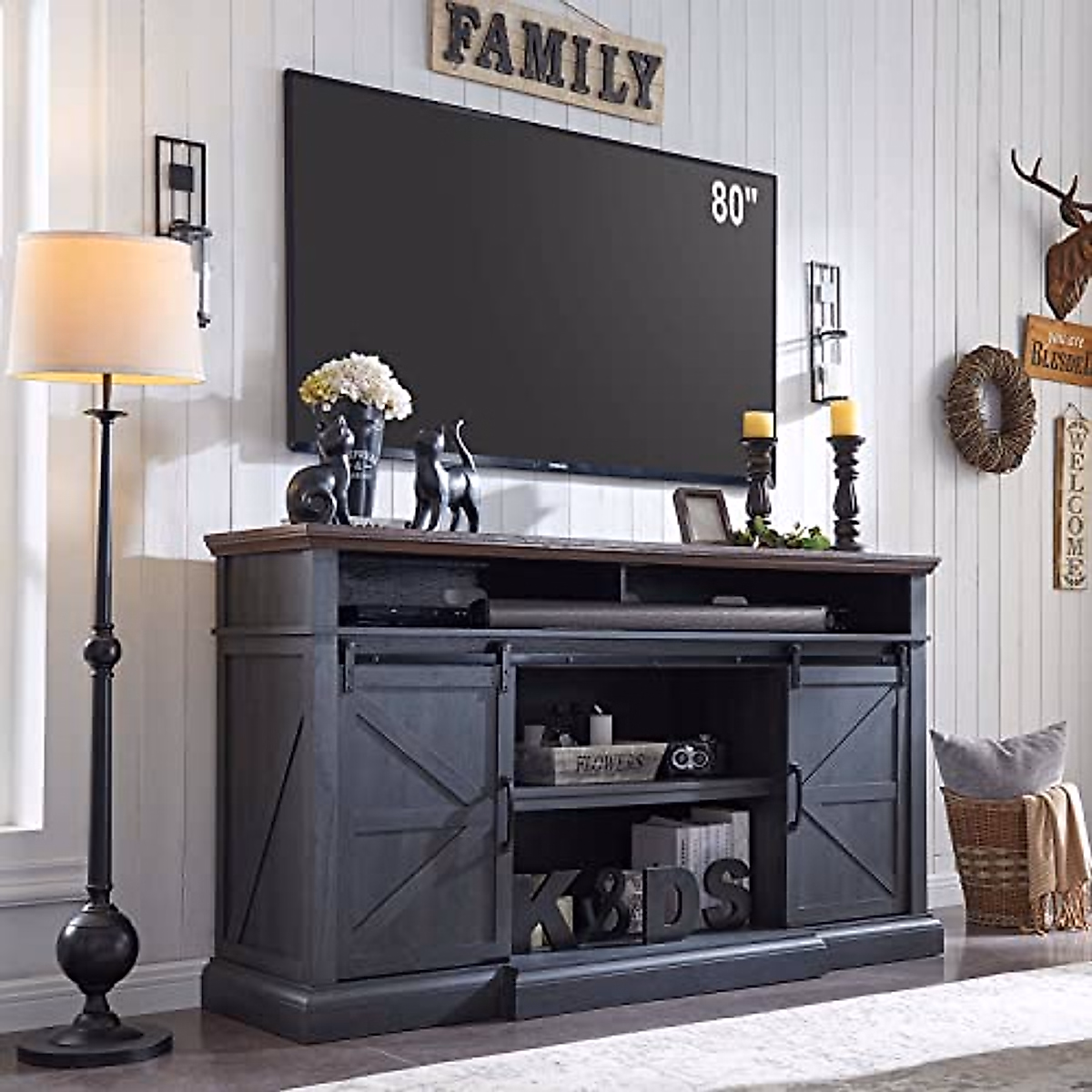 SinCiDo Farmhouse TV Stand for 80 Inch TVs, 39" Tall Entertainment Center w/Double Sliding Barn Door, Large Media Console Cabinet w/Soundbar & Adjustable Shelves for Living Room, 70inch, Dark Grey